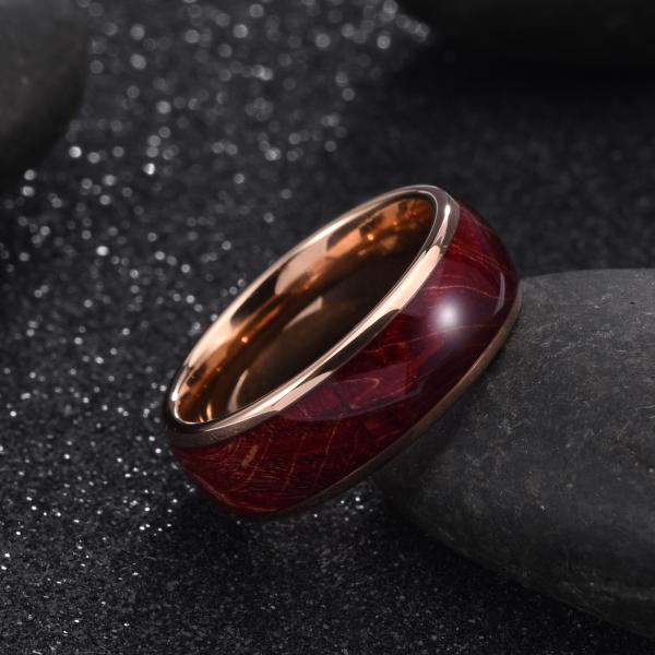 Quality 8mm High Polished Rose Gold Tungsten Carbide Ring Red Box Elder Wood Inlay Dome  Edges Comfort Fit for sale