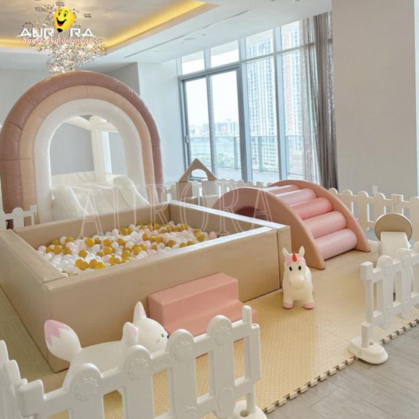 Quality White Brown Pink Inflatable Soft Play Equipment Playground Ball Pit With Slide for sale