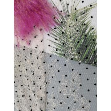 Quality Pink Polka Dot Flocked embroidered mesh lace fabric for sale