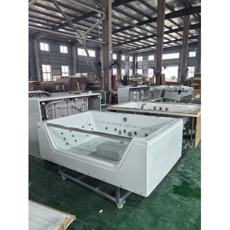 2 Person Rectangular Whirlpool Massage Bathtub with Front Blue Glass