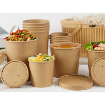 Disposable Take Away Kraft Paper Biodegradable Soup Cups With Lid