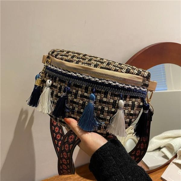 Quality Tassel Decor Adjustable Strap Waist Bags Plaid Pattern Waterproof Cycling Bum for sale