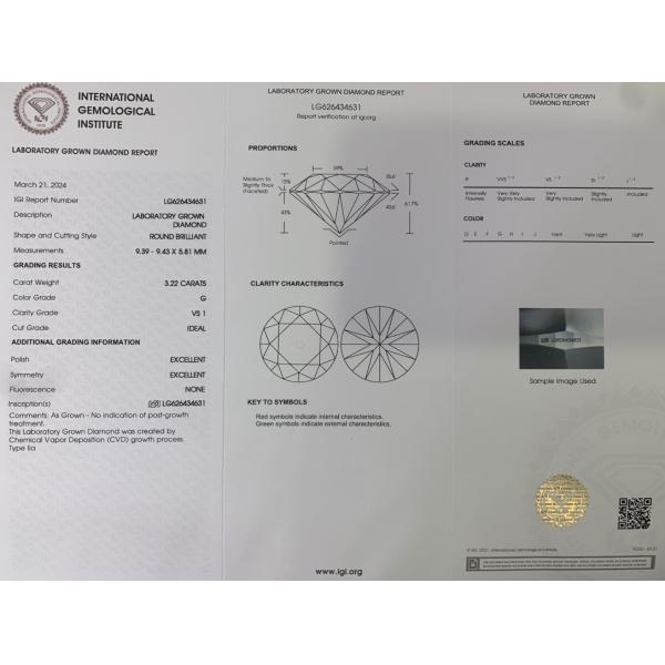 Quality 3.23CT G VS1 3EX CVD Lab Created Diamonds IGI Certificate LG626434631 for sale
