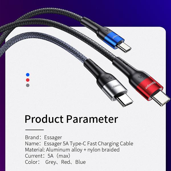 Quality Essager 5A Type C Fast Cable 1M 2M Fast Charging USB 2.0 Data Transfer Type C for sale