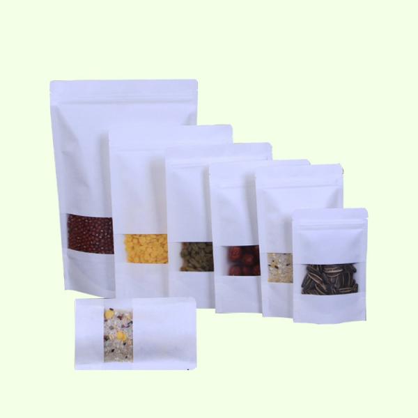 Quality Custom Printed Stand Up White Kraft Paper Bag Pouches with Ziplock Rectangular Window for Food Snacks Candy Storage Pack for sale