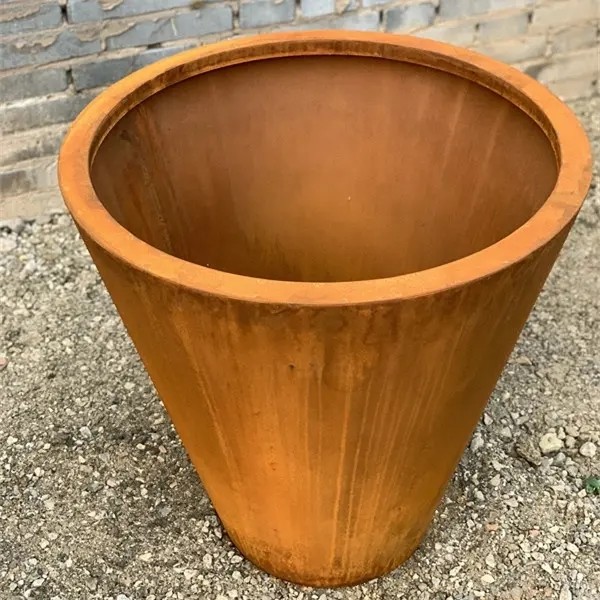 Quality 800mm Large Corten Steel Tapered Cylinder Planter Metal Cado Flower Pot for sale
