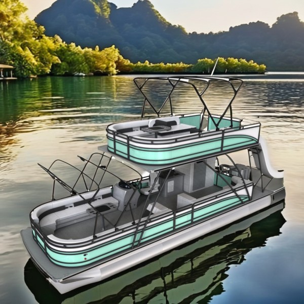 Quality 27FT Double Layer Pontoon Boat – Luxury Two-Tone Green & White Deck Boat for for sale