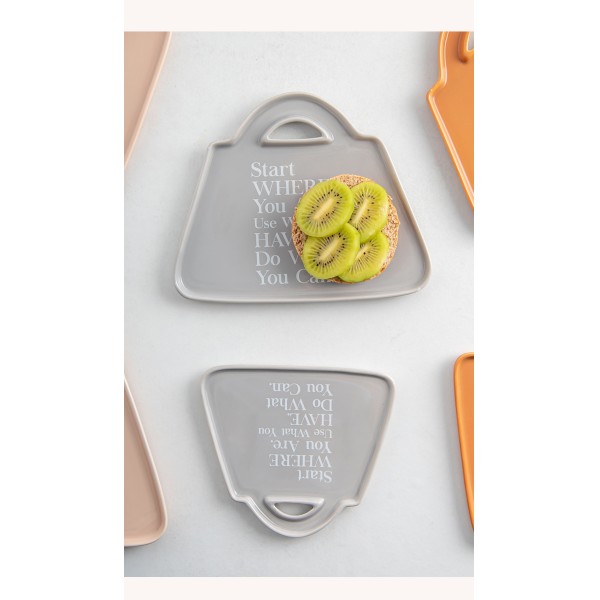 Quality Under Glazed Technique Ceramic Snack Plate Set For Cute Bag Shape Gray Serving for sale