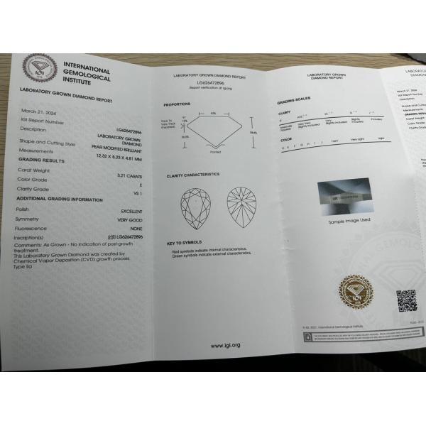 Quality 3.21CT E VS1 EX VG CVD Lab Grown Diamond Pear Brillant Cut IGI Certificated for sale