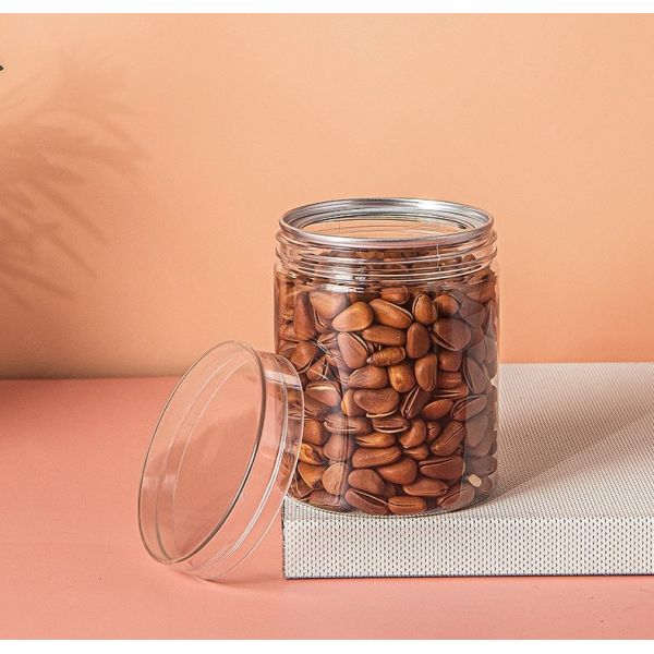 Quality 500ml 600ml 750ml 1000ml 75*120 85*115 85*120 85*130 Transparent Clear PET Can Plastic Jar Top Screw Cap with Aluminum Easy Open Lids for Nuts  Pistachio for sale
