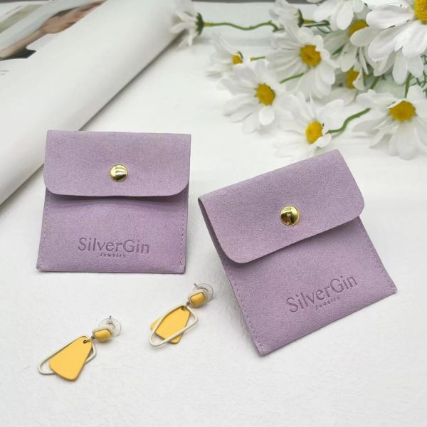 Quality Jewelry Pouch Luxury Print Logo Microfiber Snap Button Bags for Earrings and Necklaces for sale