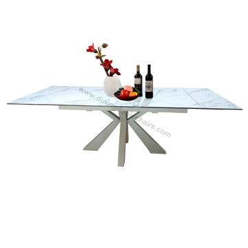 Square Extension HPL Dining Table Tempered Glass Topped Laser Cutted Legs