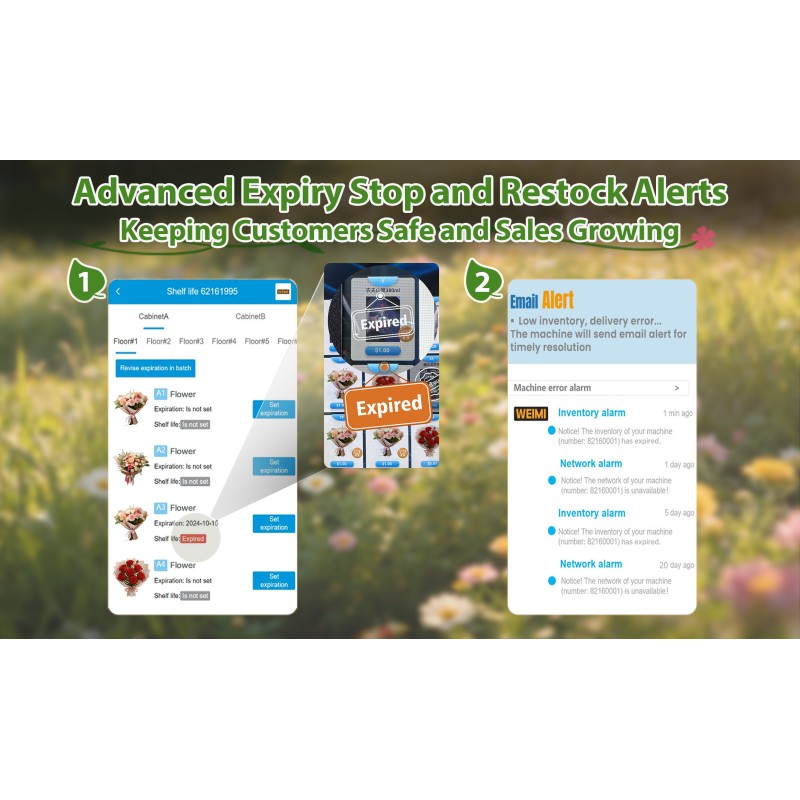 WEIMI Smart Flower Vending Machine with real-time inventory monitoring and scenario-based flower recommendations for occasions like birthdays, hospital visits, and celebrations, helping customers choose quickly and operators optimize sales