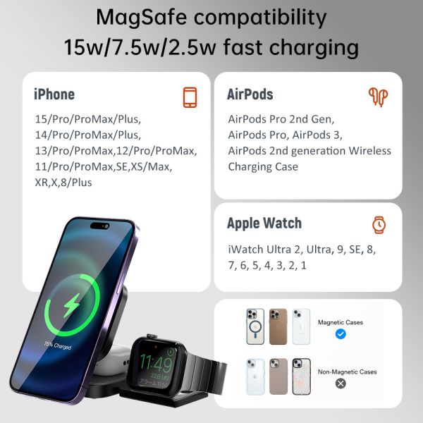 Quality Space Saving Magnetic 3 In 1 Wireless Charger Adjustable Angle For Iwatch for sale