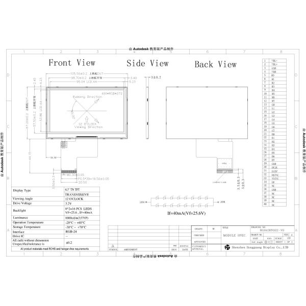 Quality Standard 480x272 High Brightness TFT Display 4.3 inch RGB Interface for sale