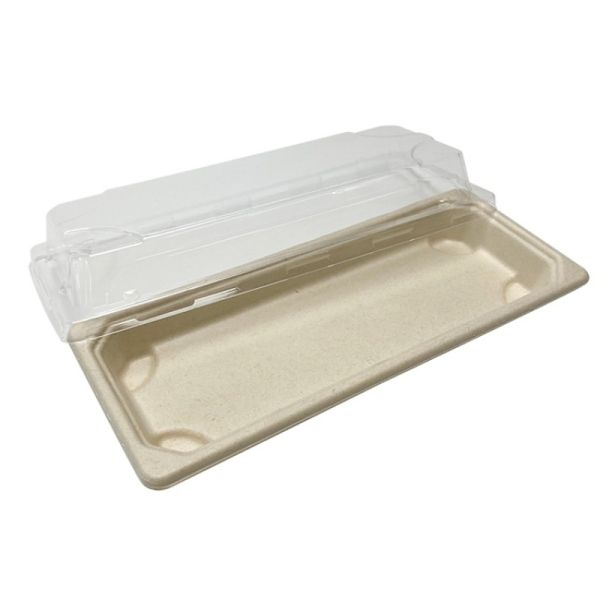Quality 11g Dinnerware Fast Food Biodegradable Bagasse Tableware Sushi Tray With Pet Lid for sale