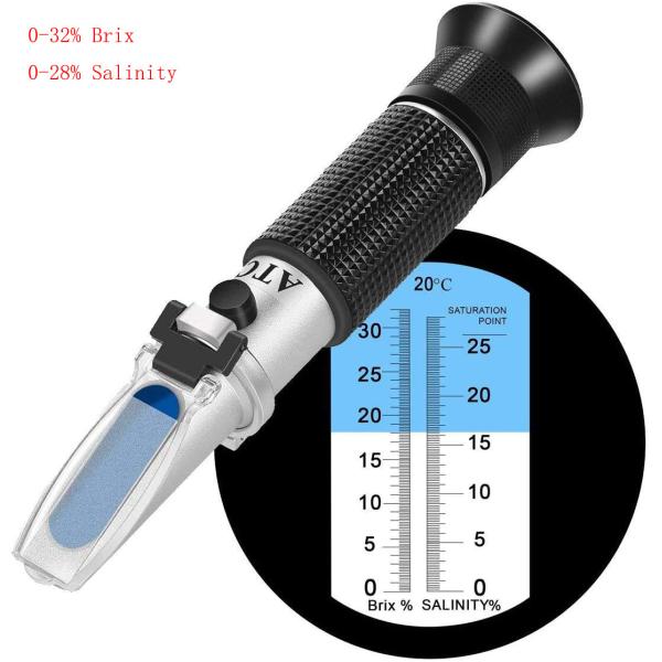 Quality OEM Support 2 Scale 0-32% Brix 0-28% Salinity Salt ATC Refractometer for Seawater Marine Fishkeeping Aquarium for sale