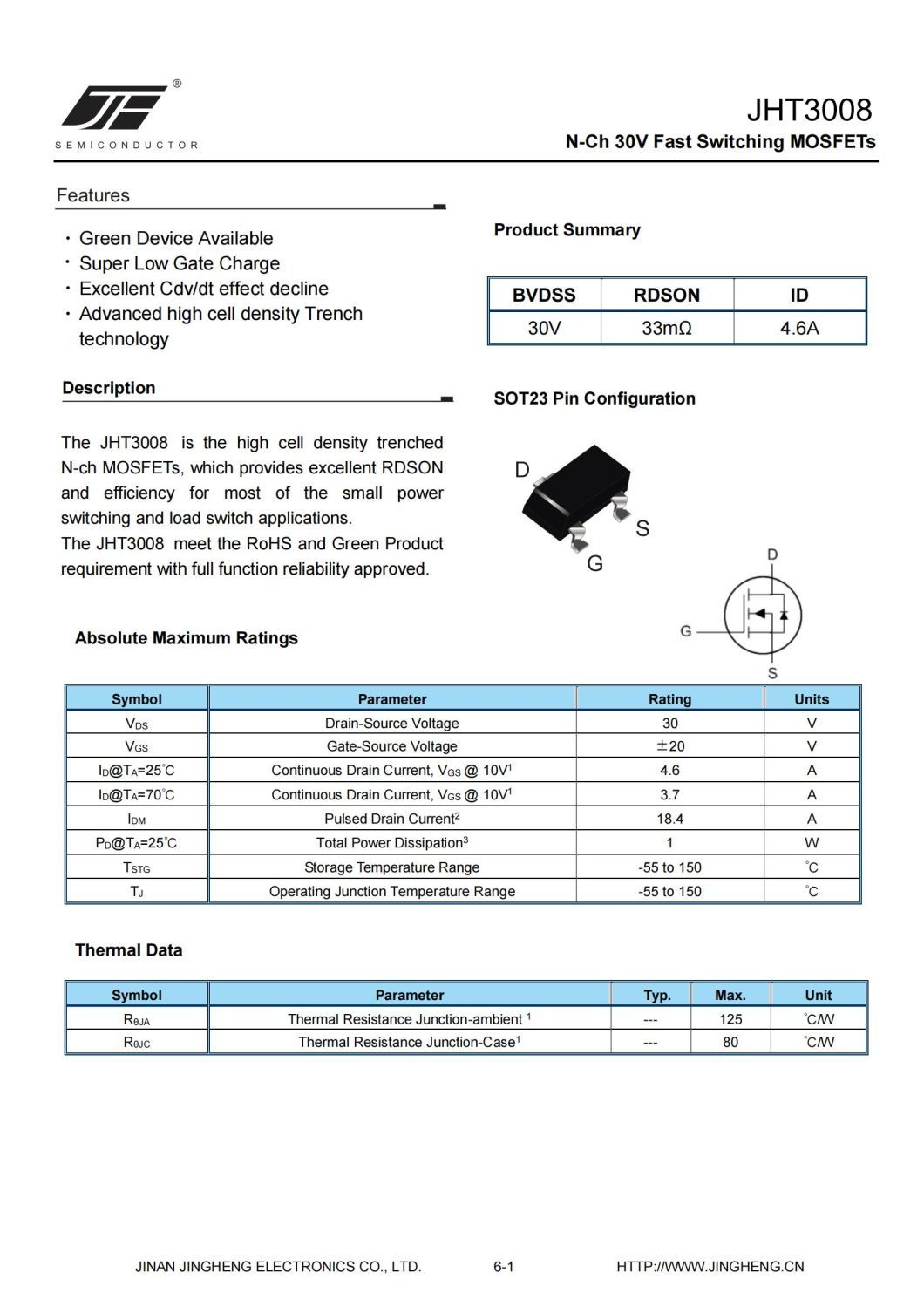 JHT3008 N-Channel 30V Fast Switching MOSFETs