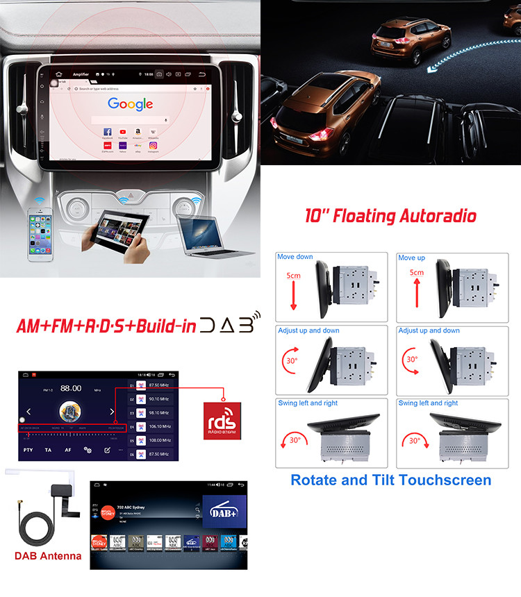 Universal Car Stereo Android 12 10.1inch Rotate Car Radio With Adjustable Viewing Angle