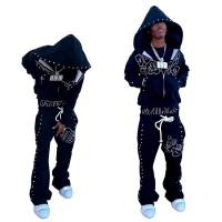 Quality Wholesale Rhinestone French Terry Sweatsuit Acid Wash Flared Sweatpants and for sale