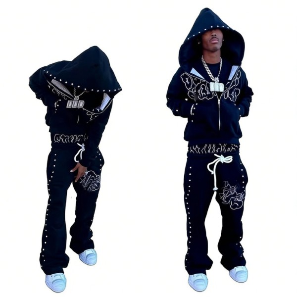 Quality Wholesale Rhinestone French Terry Sweatsuit Acid Wash Flared Sweatpants and Hoodie Sets Cotton Custom Streetwear Tracksuits Men for sale