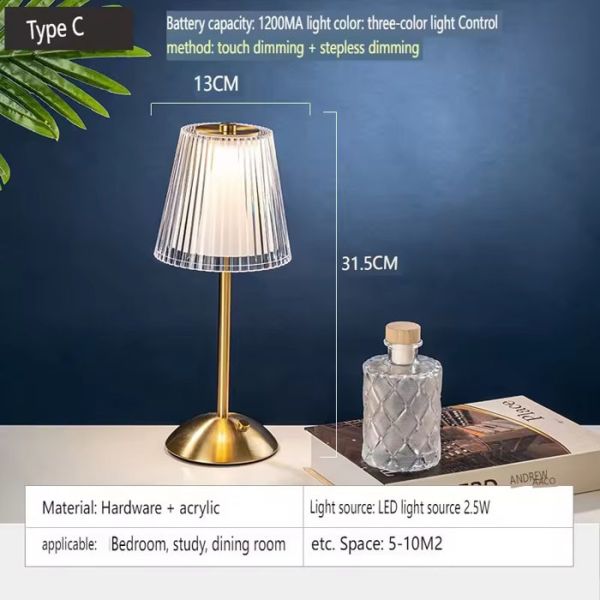 Quality Crystal LED Table Lamp Type C USB 5V Rechargeable Touch Three Color Table Lamp for sale