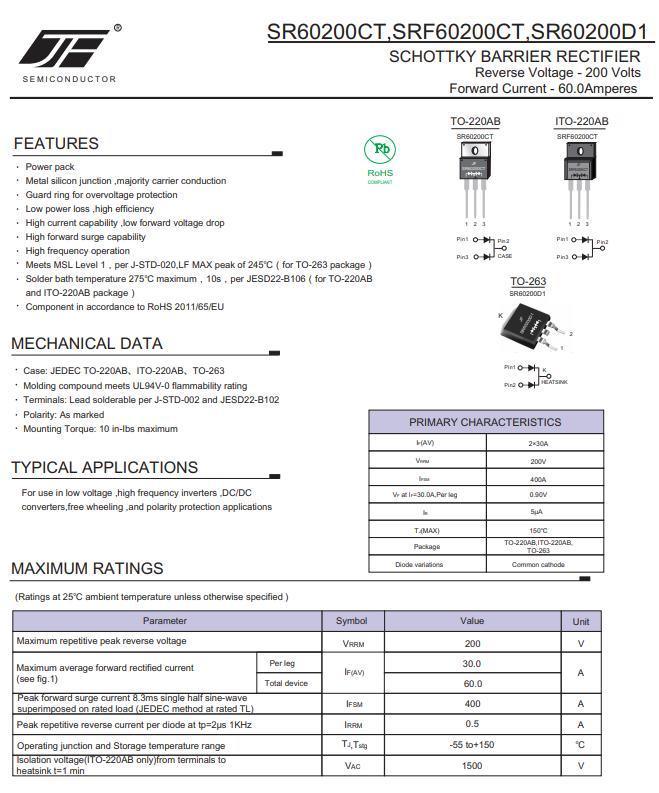 SR60200CT 200V/60A Schottky Barrier Rectifier Diode