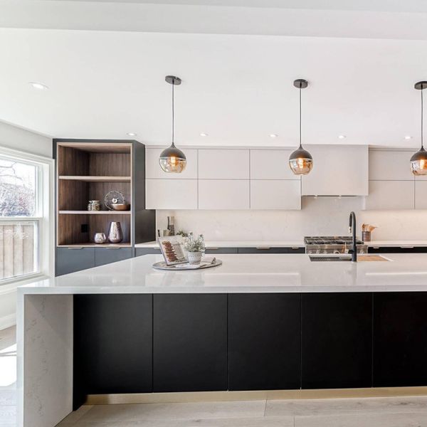 Quality Complete Glossy Melamine Board Kitchen Cabinet Set with Flat Edge Countertop for sale
