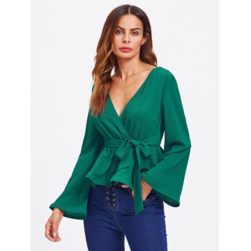 Quality Bell Sleeve Wrap Blouse with Deep V Neck for sale
