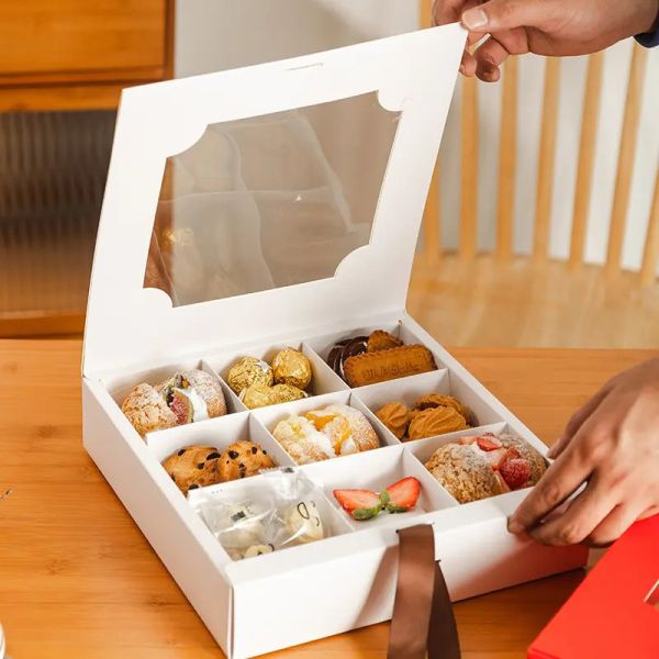 Quality Eco Friendly Clear Lid Custom White Paper Donut Dessert Packaging Box With Grid for sale