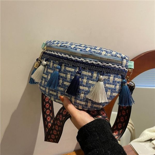 Quality Tassel Decor Adjustable Strap Waist Bags Plaid Pattern Waterproof Cycling Bum for sale