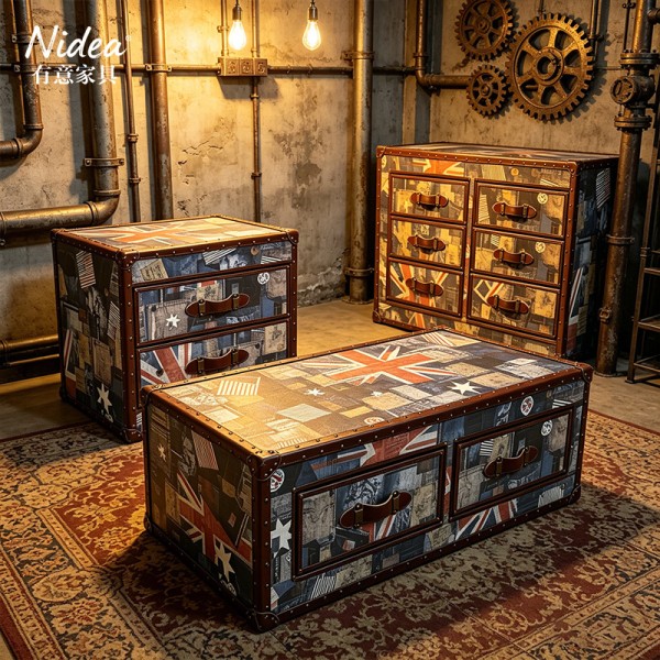 Quality 3-Piece Handmade Industrial Vintage Union Jack Living Room Furniture Set Trunk Coffee Table End Table & Chest of Drawers for sale