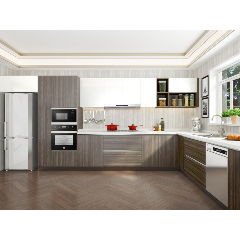 Complete kitchen installation with gray cabinets