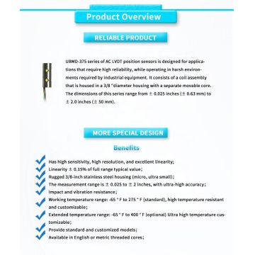 Quality High Precision 24VDC 3Vrms Power LVDT Sensor for Micro Displacement Control for sale
