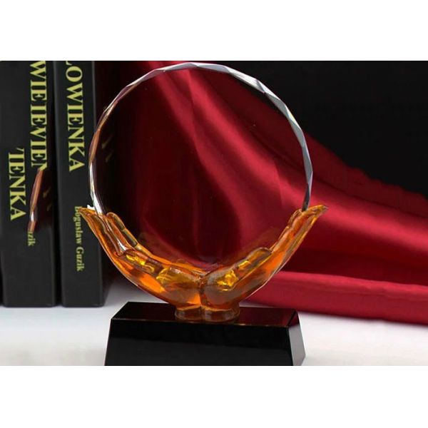 Quality Annual Meeting Colored Glaze Trophy Cup With Round Crystal In Hand Design for sale