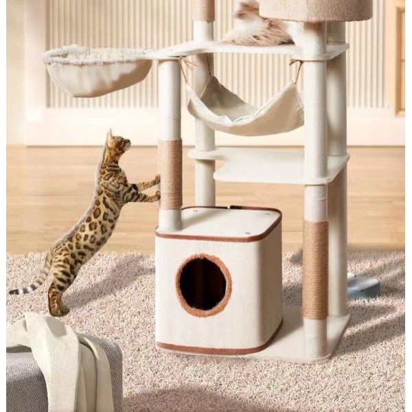 Quality Fully Wrapped Wooden Cat Tower with Replaceable Dangling Balls and Scratching for sale