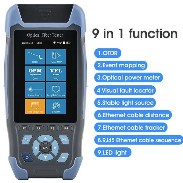 Quality 1310/1550nm SM Test Range 5m-60Km Mini OTDR 9 in 1 Tester with APC UPC SC/FC/ST/LC Adapter for sale