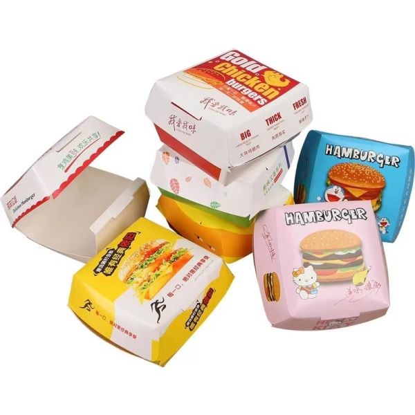 Quality Recyclable white cardboard burger box custom printed logo, disposable fast food for sale