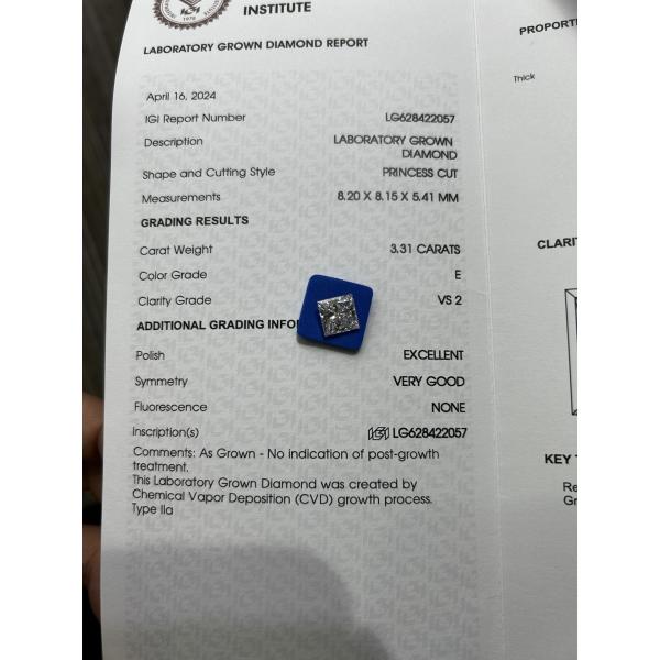 Quality 3.32CT F VS1 EX VG CVD Princess Lab Diamond IGI Certificated LG628422058 for sale