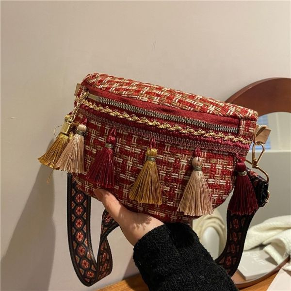 Quality Tassel Decor Adjustable Strap Waist Bags Plaid Pattern Waterproof Cycling Bum for sale