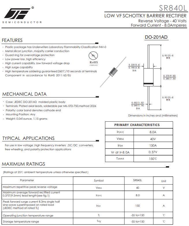 SR840L/SR860L /SR8100L /SR8150L / SR8200L LOW VF SCHOTTKY DIODE