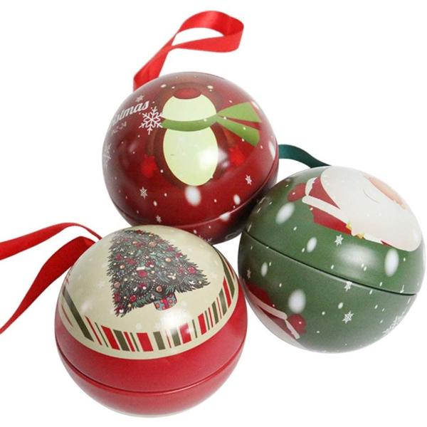 Quality Christmas Tree Baubles Ornaments Tinplate Candy Tin Box Xmas Tree Ball Pendant Kids Holiday Surprise Gift for sale