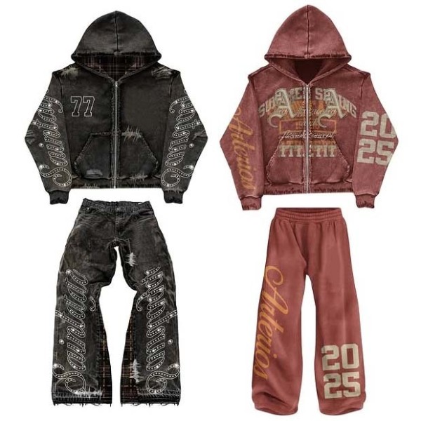 Quality Manufacturer Custom Rhinestone Acid Wash Streetwear Tracksuit High Quality Sweatsuit Plaid Flared Sweatpants and Hoodie Sets for sale