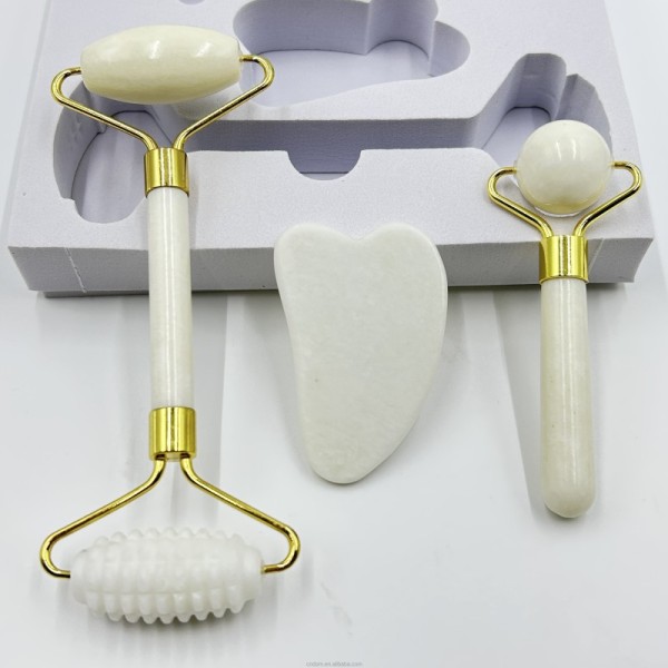 Quality Green Xiuyan Stone 100% Natural Jade Roller Gua Sha Set for Double Head Skin Facial Care for sale