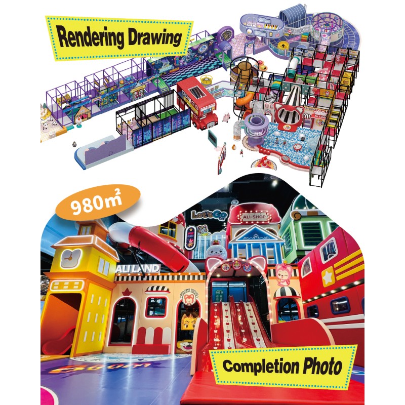 Neon-style trampoline park with vibrant lighting and modern play equipment