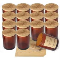 Quality 6oz Amber Candle Jars With Bamboo Wooden Lids And Sticky Labels Empty Glass For for sale