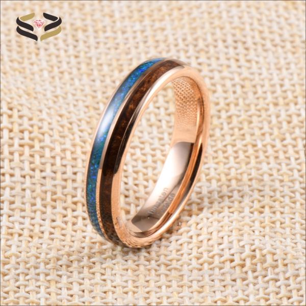 Quality Anniversary Essential 5mm Rose Gold Women's Tungsten Ring with Wood Inlay and Opal Detail for sale