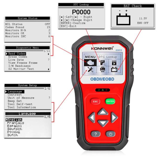 Quality Handheld free upgrade 2.8 inches black and white screen car battery tester KW818 for sale