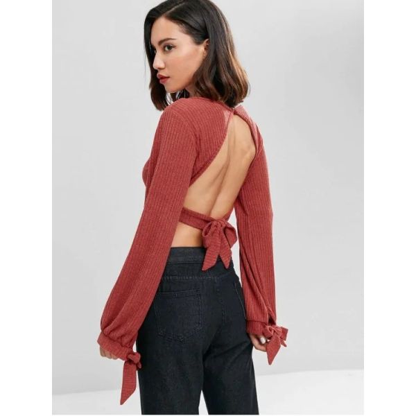 Quality Open Back Knotted Cut Out Long Sleeve Knit Top Women for sale
