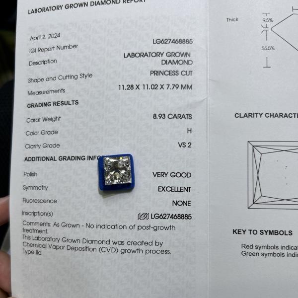 Quality 8.93CT H Color VS2 Clarity 2EX CVD Lab Grown Princess Cut Diamond for sale